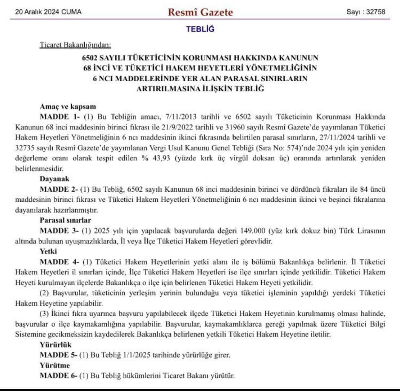 TÜKETİCİ HAKEM HEYETİ BAŞVURUSU PARASAL SINIRI - 2025